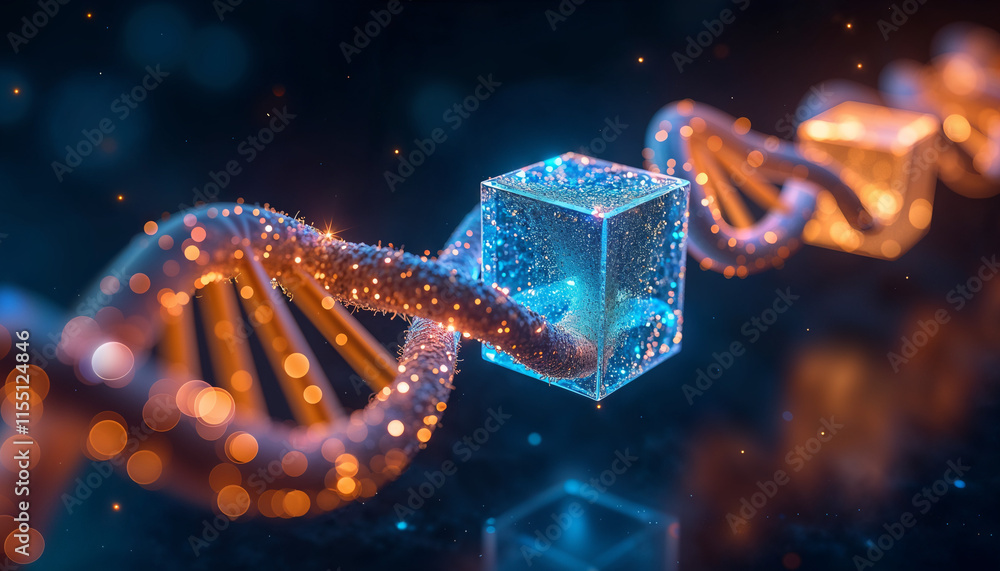 Abstract representation of blockchain technology with a chain of glowing blocks floating in ...