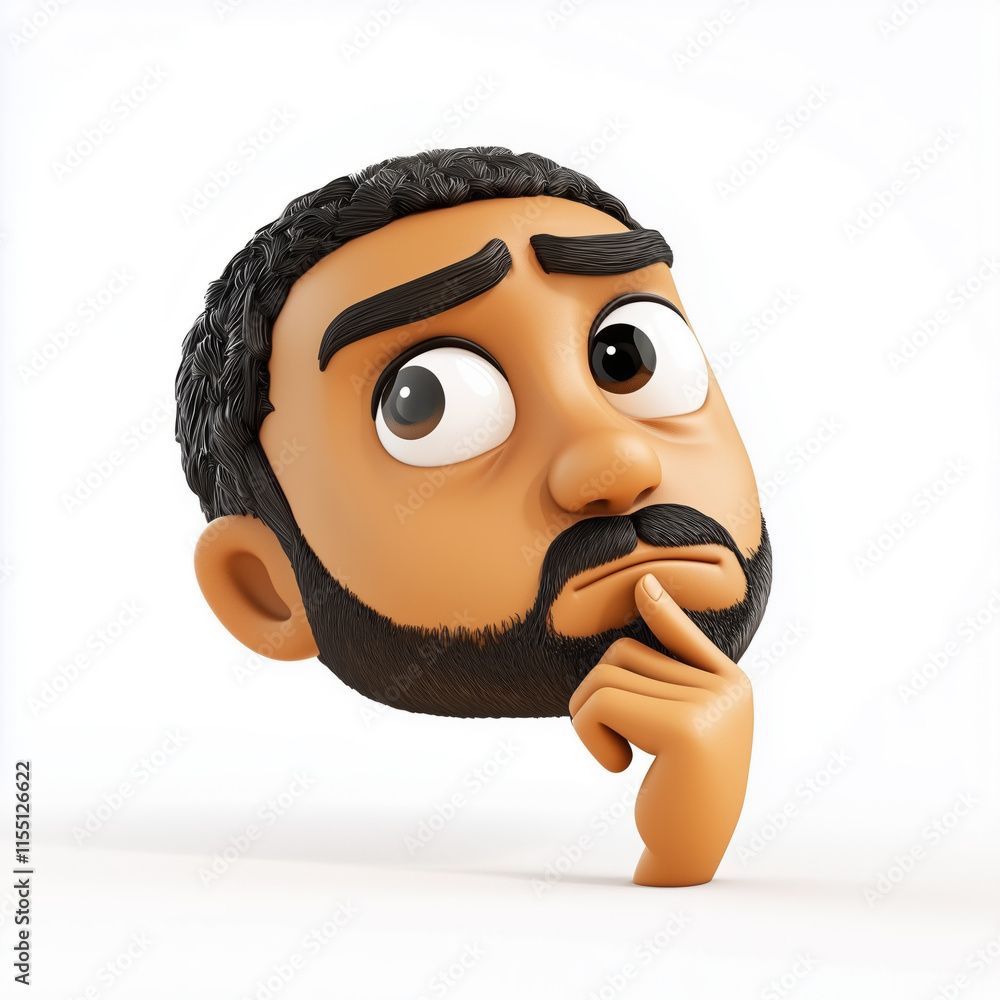 3D Indian man face emoji, thinking deeply with hand on chin and ...