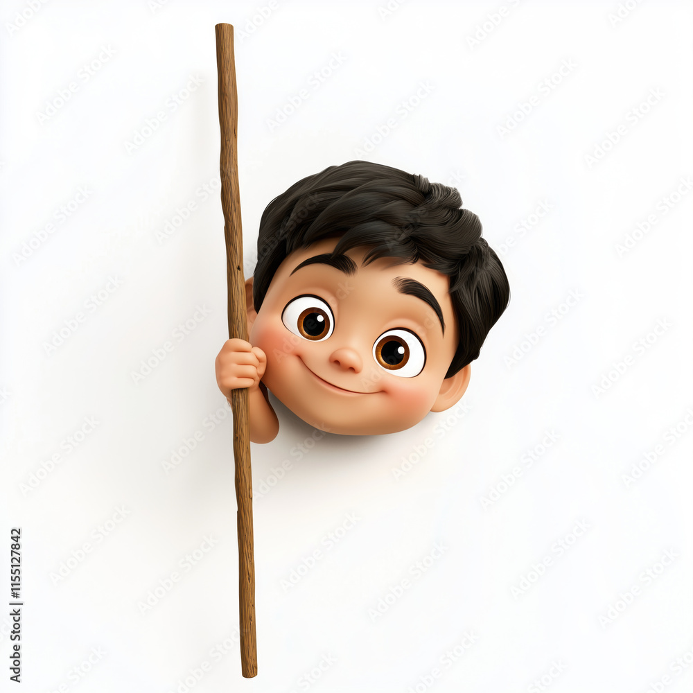 3D Playful Indian kid emoji with stick, mischievous wink, about to play ...