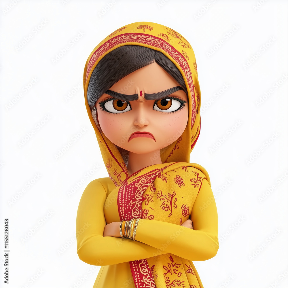 3D Pouting Punjabi woman face emoji, arms crossed, wearing traditional ...