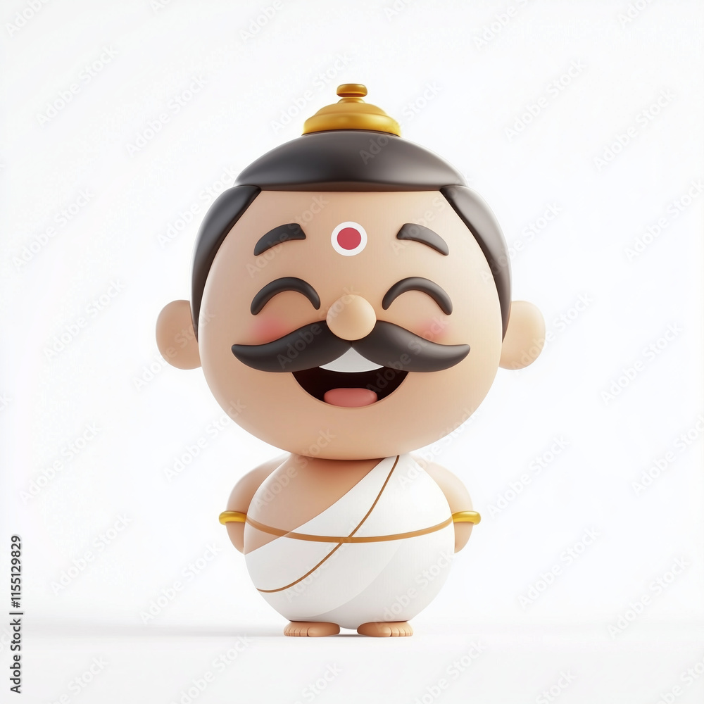 3D smiling South Indian man face emoji with mustache, wearing a white ...