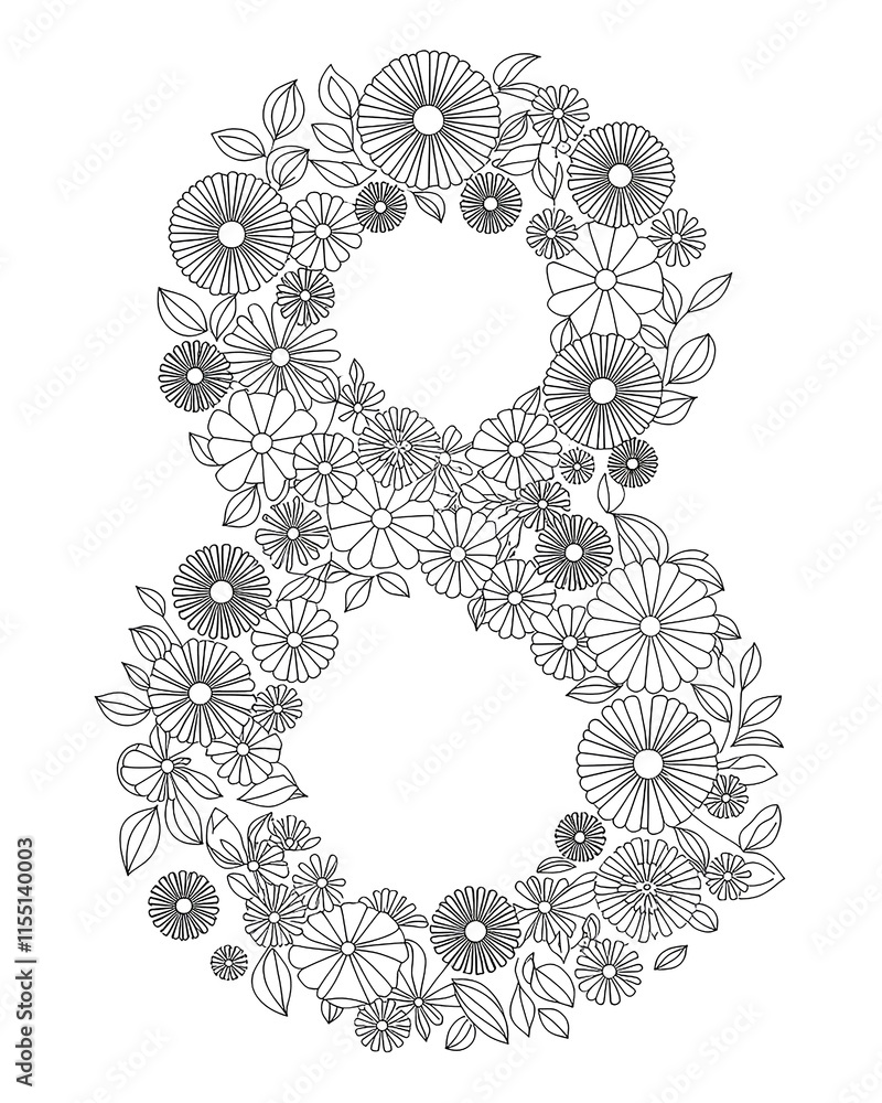 Kids coloring page with number 8 black and white outline, print ready ...