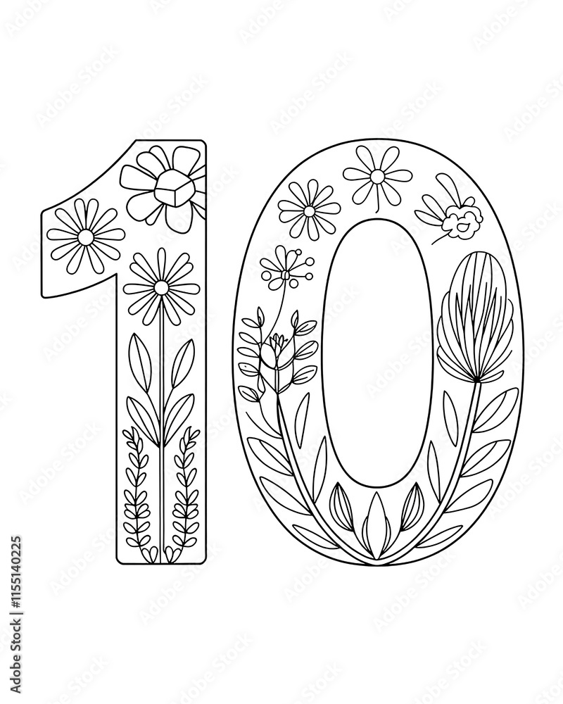 Kids coloring page with number 10 black and white outline, print ready ...