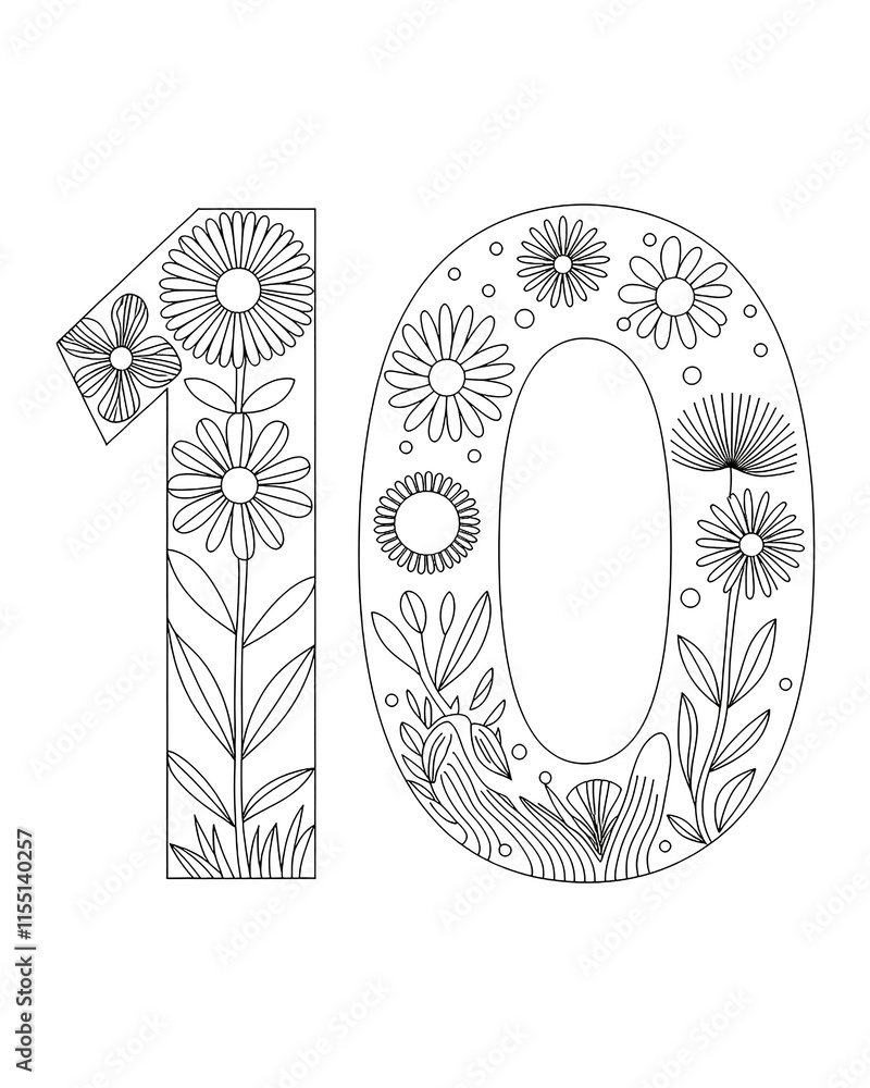 Kids coloring page with number 10 black and white outline, print ready ...