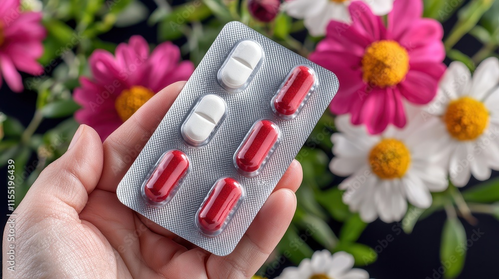 Allergy and Treatment Concept, Hand Holding Allergy Medication Blister ...