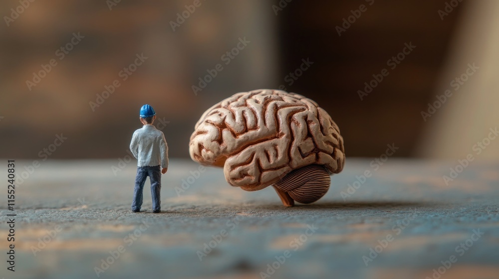 Miniature model of human brain with small figure of a doctor in white ...