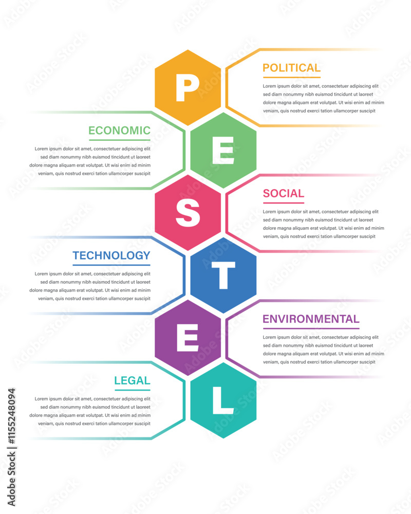 PESTEL analysis infographics template diagram with 6 point step ...
