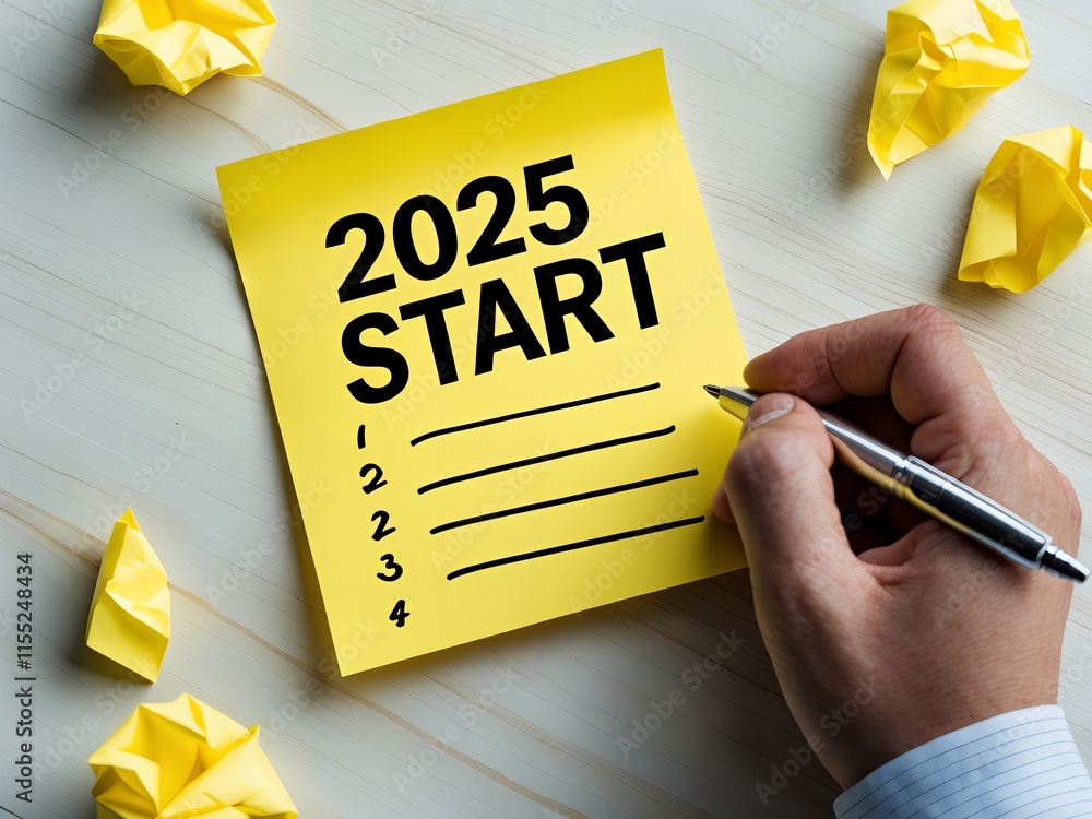 Hand writing a 2025 goals list on a yellow sticky note with crumpled ...