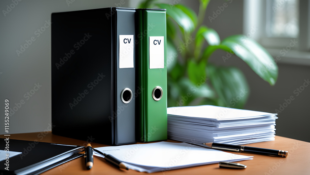 Office binders labeled 'CV' on a desk with documents and a blurred ...