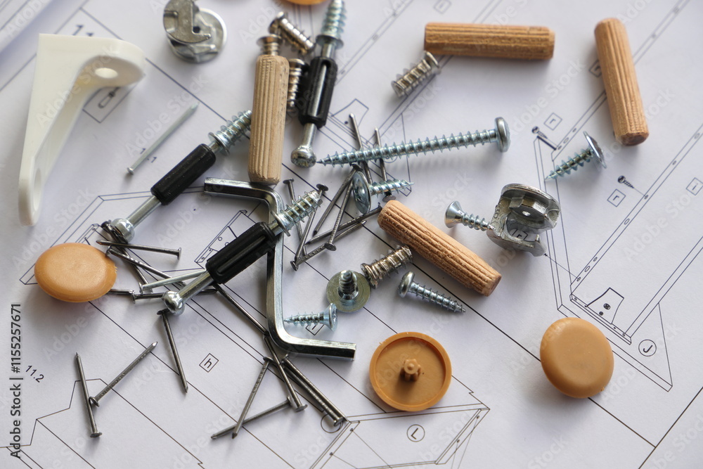 an assembly manual for furniture with screws and dowels Stock Photo ...