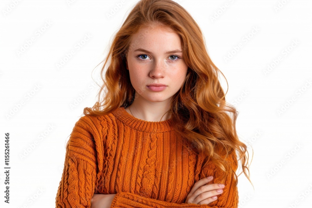 A confident woman with long, wavy red hair is posed against a white ...