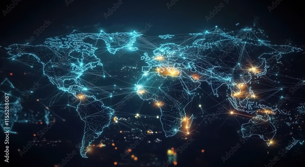 A digital map of the world with glowing connections between cities ...