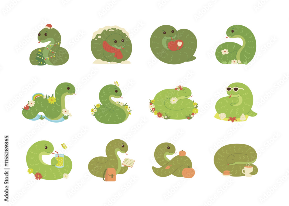 Cute green snake animal kawaii character set, symbol 2025 year. Wild ...