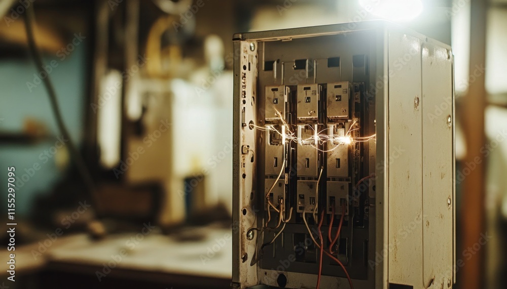 Sparks flying from electrical panel in industrial setting, electrical ...