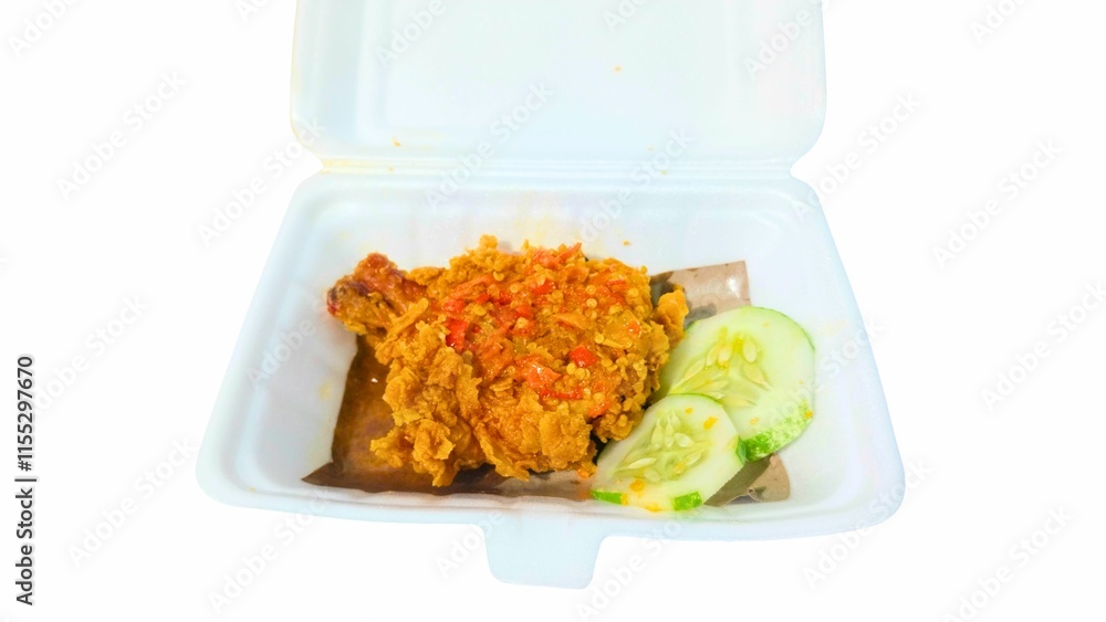 Crispy Spicy Fried Chicken in Styrofoam Box with Cucumber Slices Stock ...