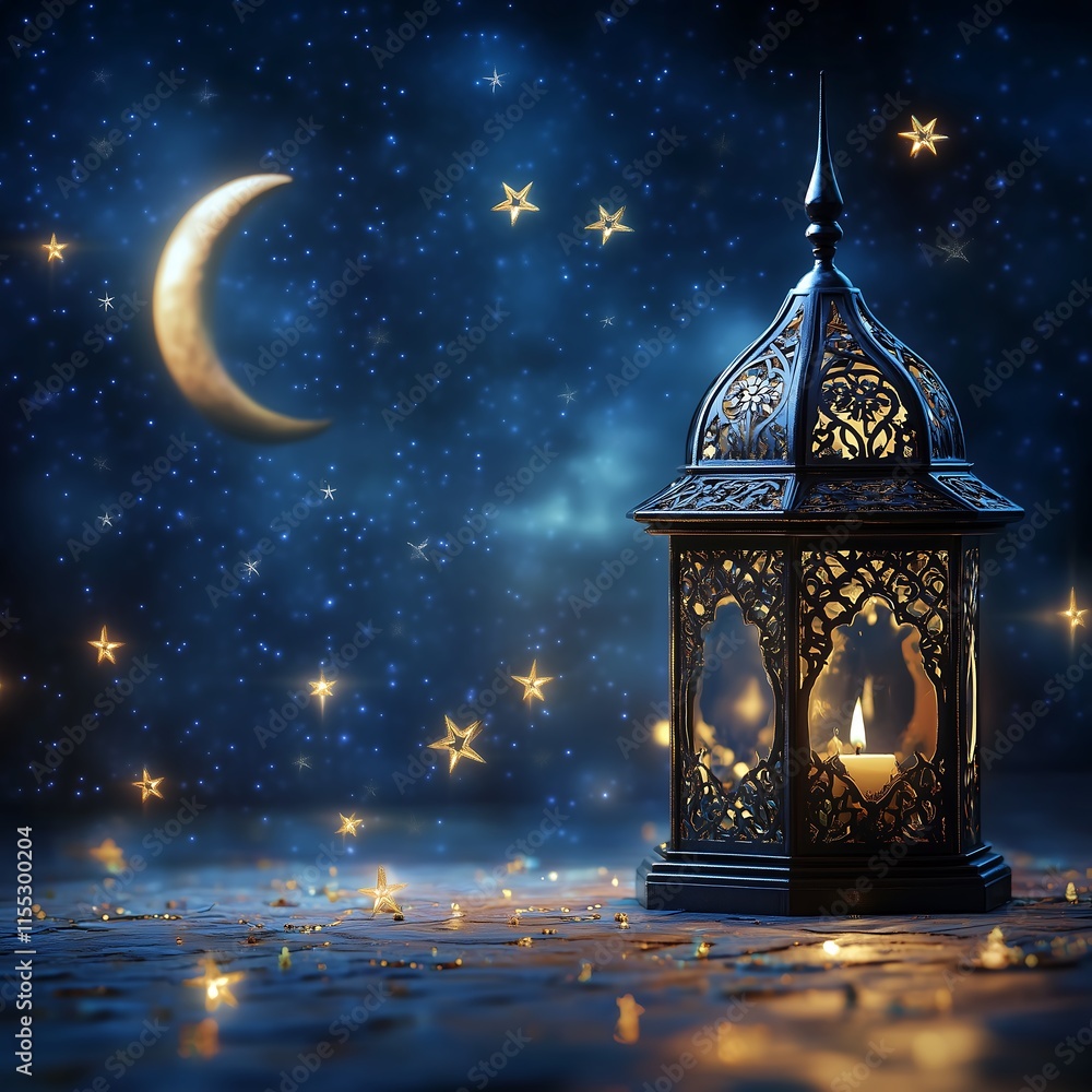 Eid Mubarak and Ramadan Kareem greetings with an Islamic lantern, moon ...