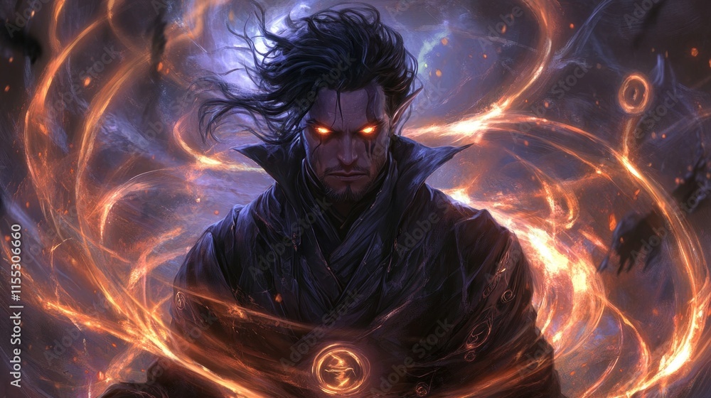 Powerful sorcerer casting a magic spell with fire and energy swirls ...