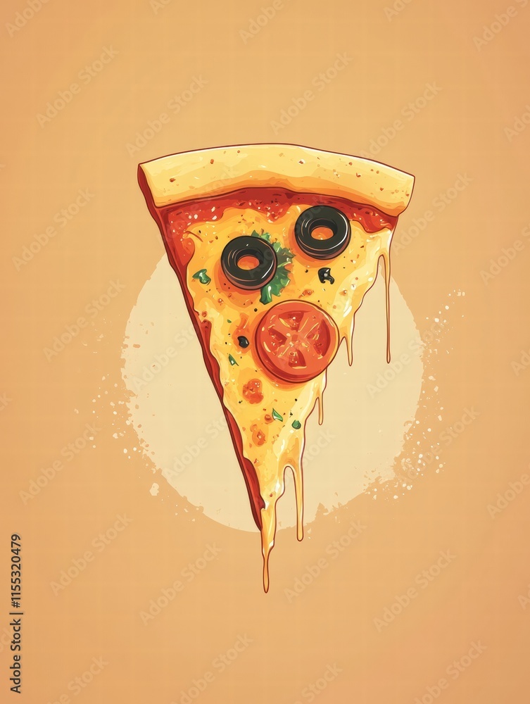 Stylized pizza slice with vibrant toppings and cheese drips on a ...