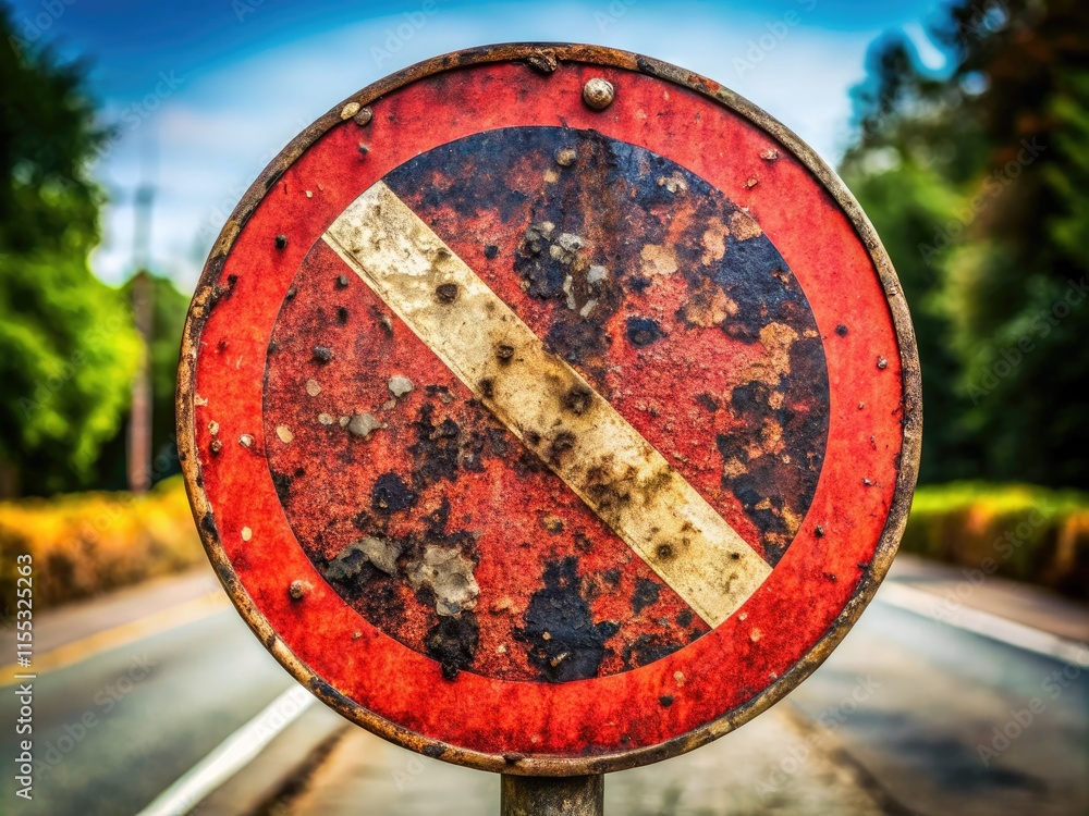 Deep depth of field captures a faded red and black "No Entry" sign ...
