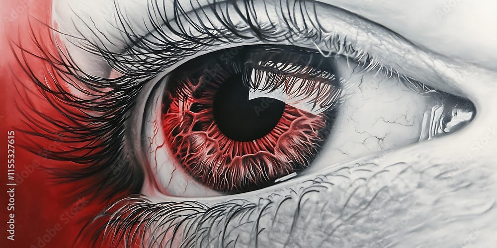 Red eye, close-up of an eye, eye with a red iris and black pupil ...
