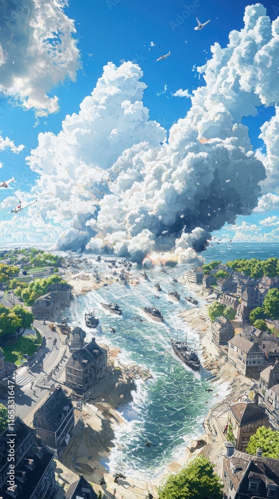 D-day invasion action normandy coast anime style art vibrant clean ...