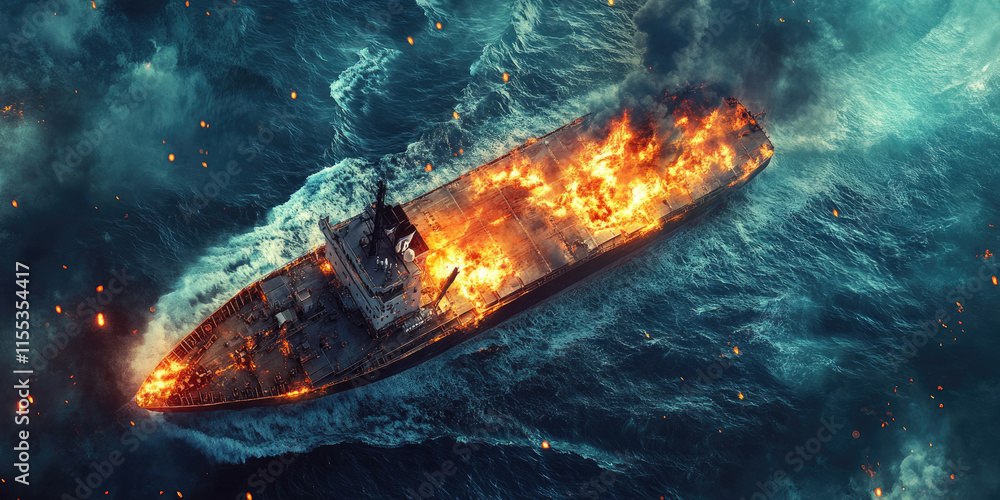 Infernal Sea: A burning cargo ship battles a raging storm, flames ...