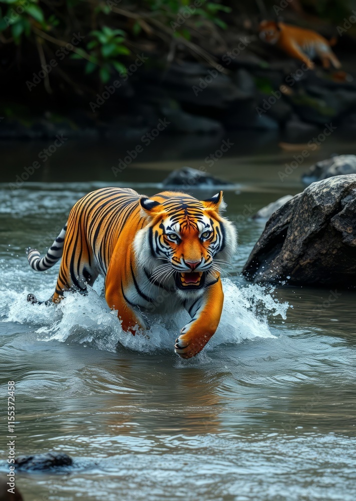 Beach Wallpaper of Roaring tiger crossing the stream ai generated beach wallpaper summer ...
