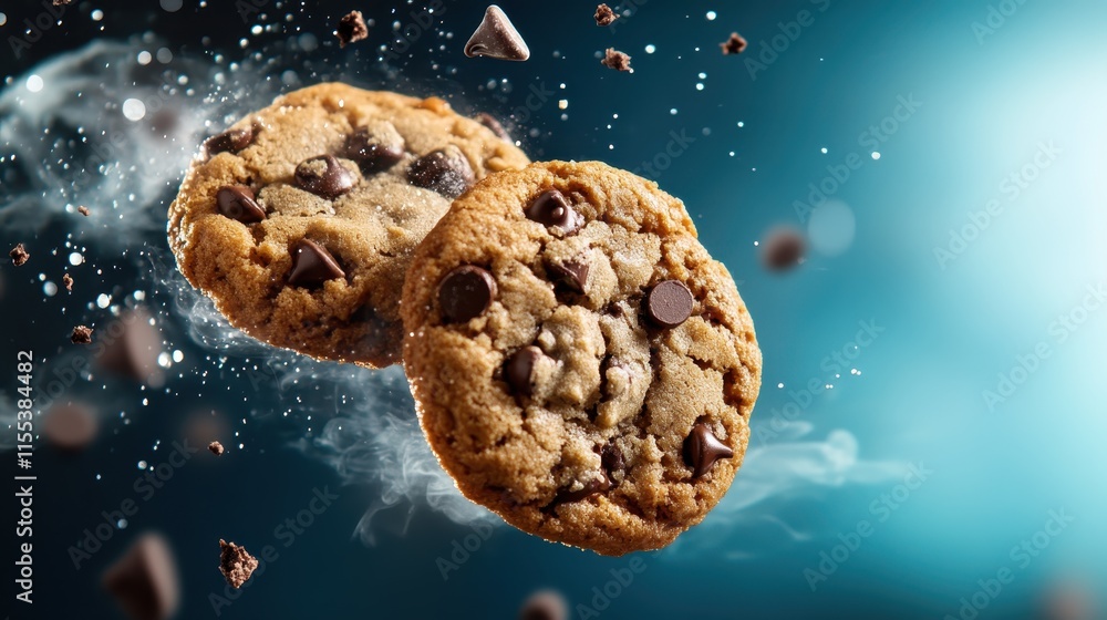 Whimsical chocolate chip cookies are depicted in a dynamic blue setting ...