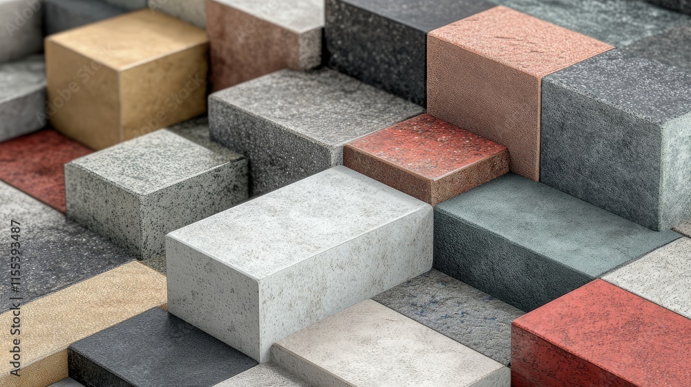 Textured layers of colorful stacked tiles in various shapes and sizes ...