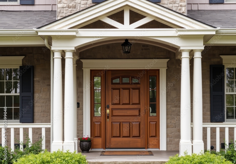 Main entrance door in house. Wooden front door with gabled porch and ...