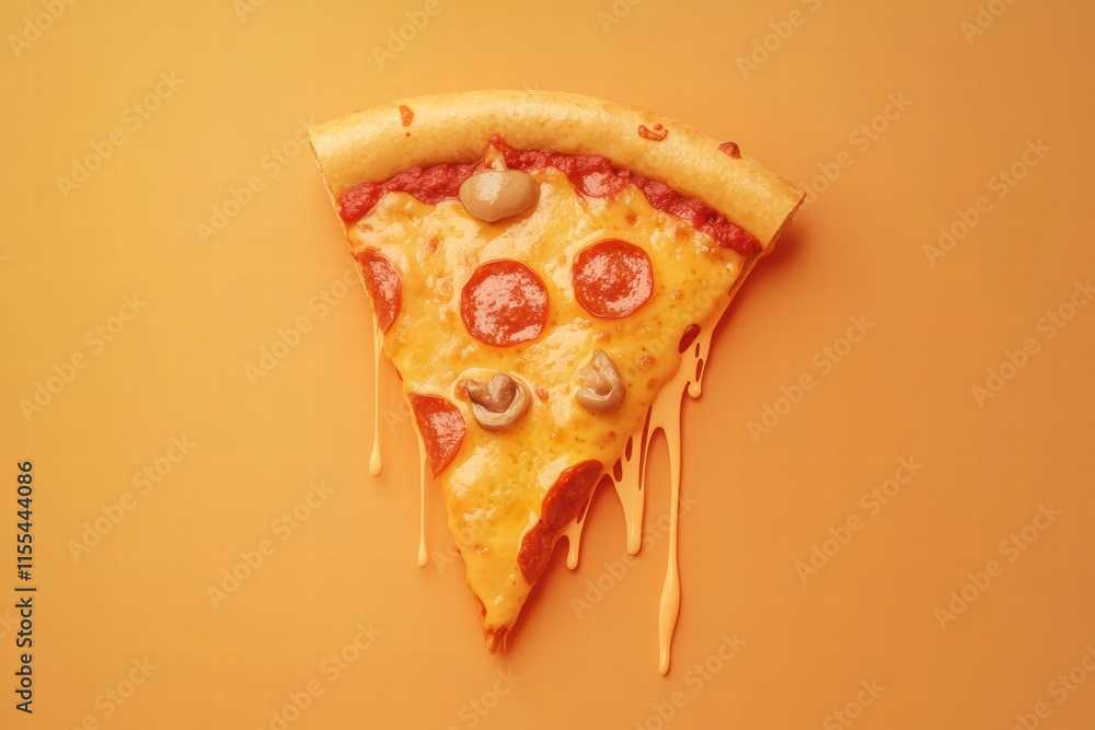 Sliced pizza with vibrant toppings and cheese drips on a minimalist ...
