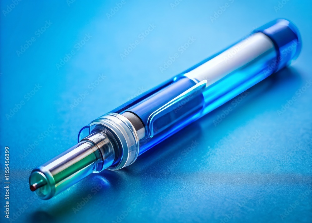 Diabetes Medication: Insulin Pen Close-up, Blue Background, Medical ...