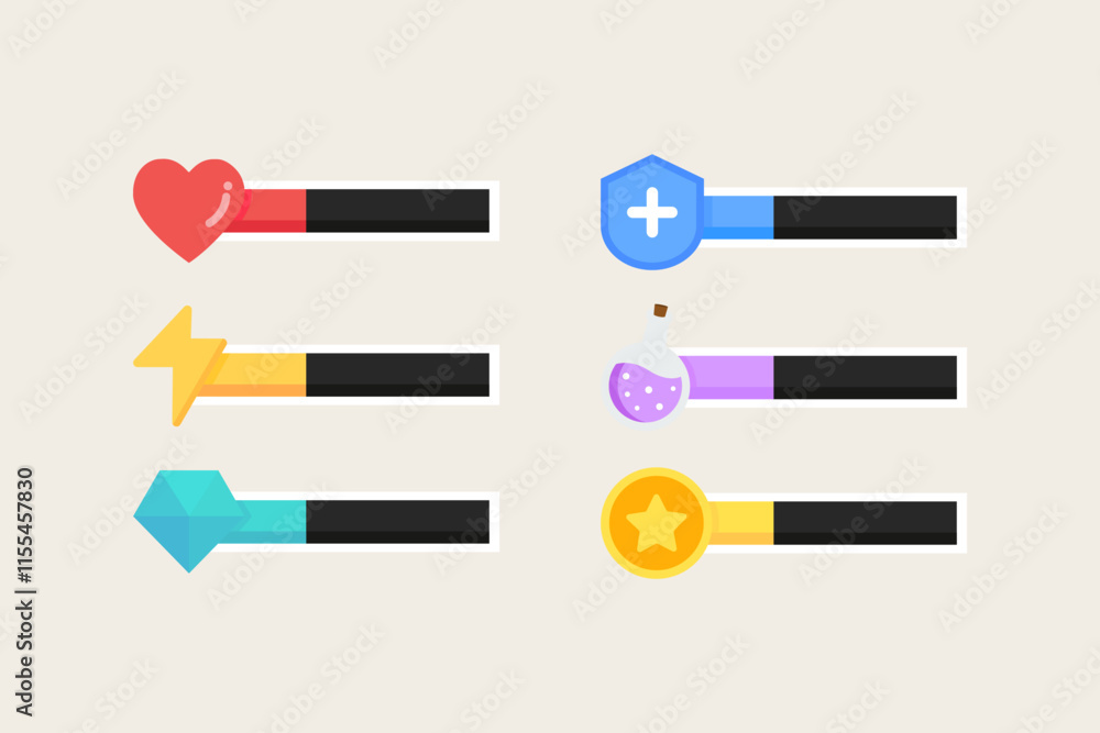 Video game bar template set. Heart, energy, diamond, shield, potion ...