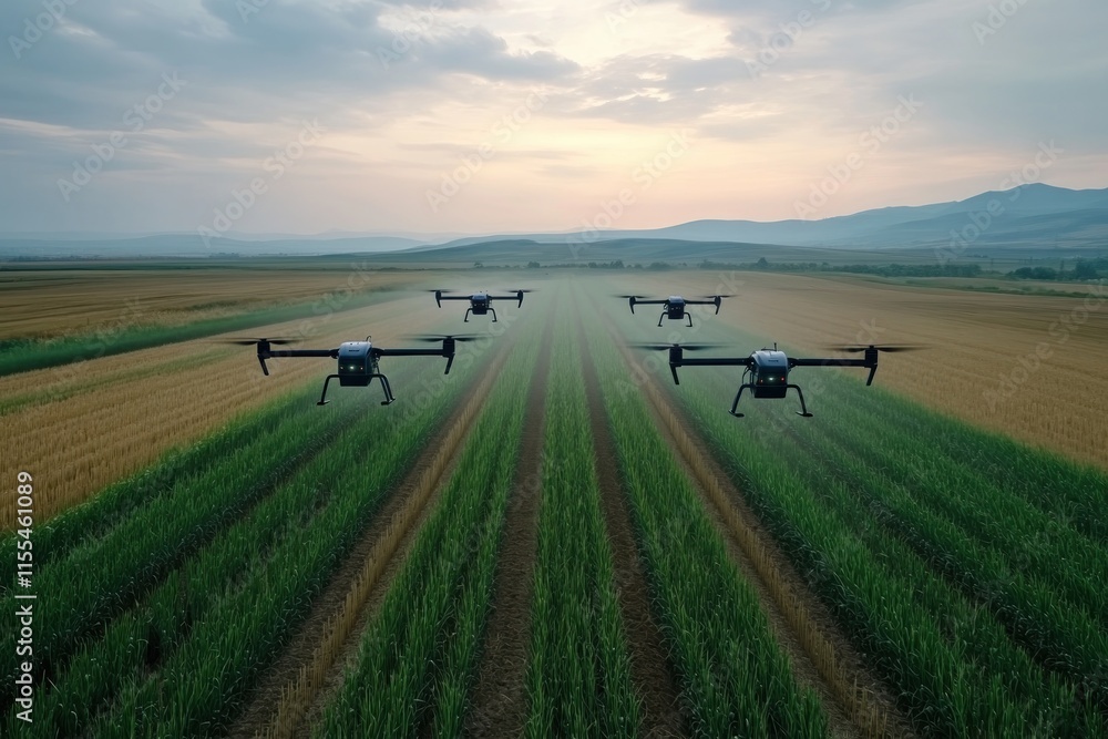 Stock-Foto „Autonomous farming equipment maintaining crop rows under a ...