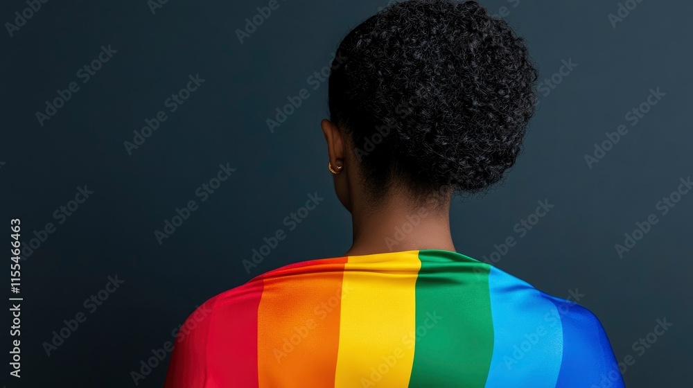 Back view of a Black woman draped in a rainbow LGBTQIA+ pride flag ...