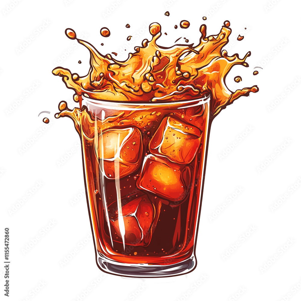 Refreshing Iced Cola Splash: A vibrant illustration of a glass of cola with ice cubes, capturing ...