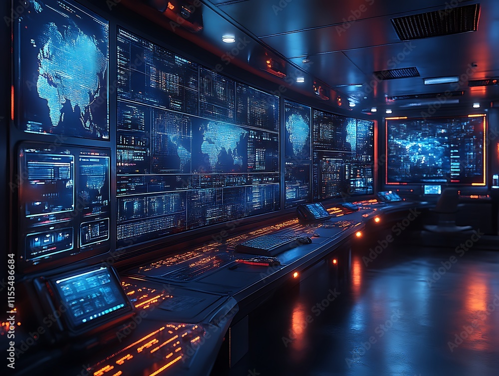 Futuristic control room with global network monitoring displays. Stock Photo | Adobe Stock