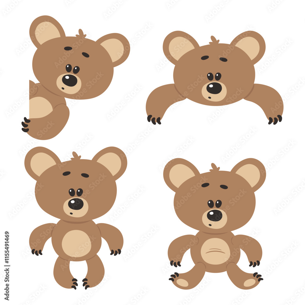 Set of cute little bears peeking out from behind the wall and stands ...