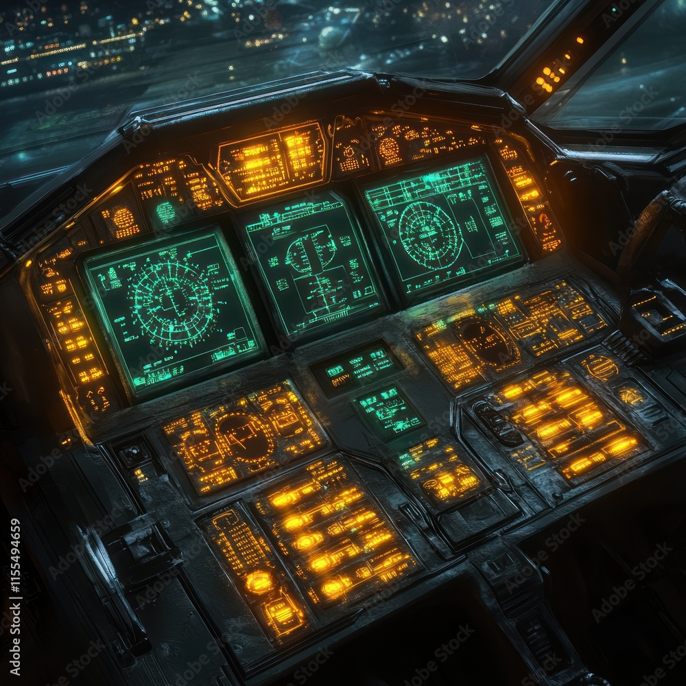 Futuristic aircraft cockpit at night, illuminated control panel with ...