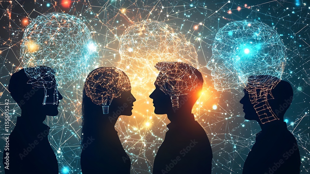 Silhouettes of people with glowing human brain digital networks above ...