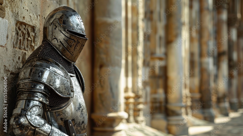 Medieval knight in front of the cloister of the abbey of Montserrat ...