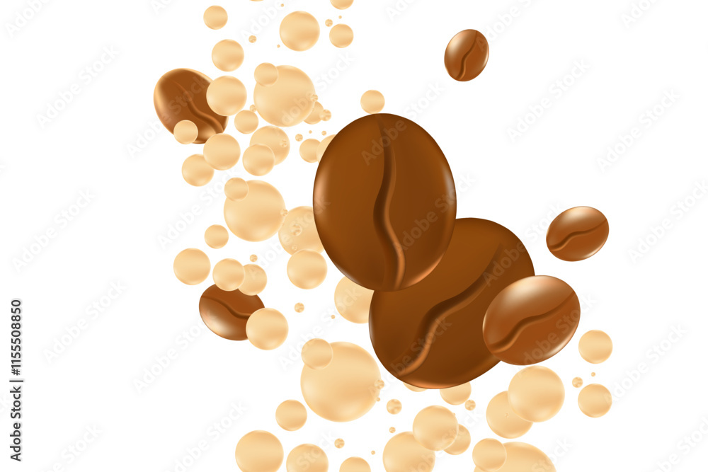 Elegant 3D floating coffee beans with fluid milk or cream bubbles ...