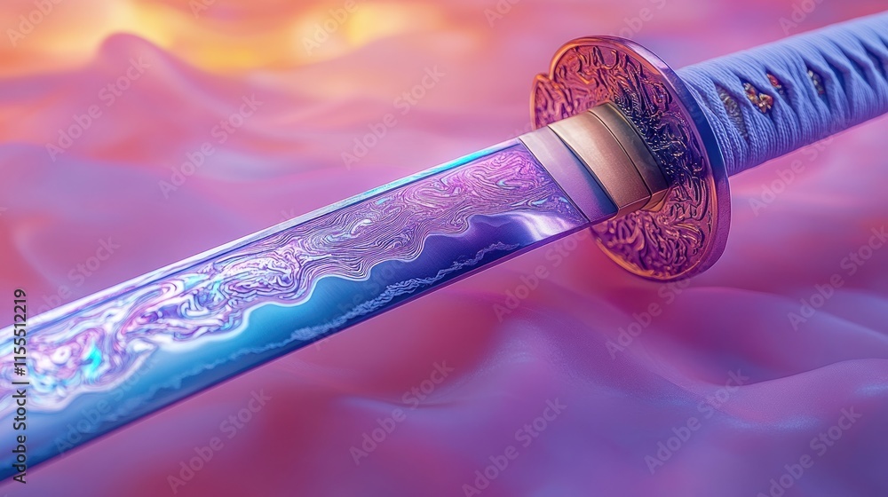 Artistic katana, vibrant colors, and intricate design on a pink fabric ...