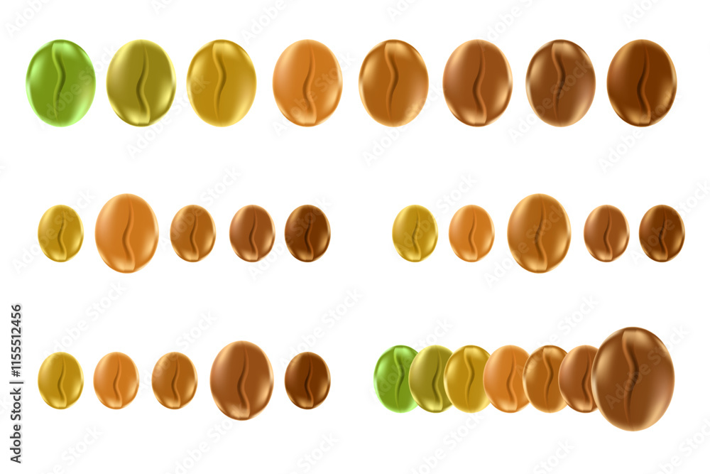Cute 3D coffee beans icon set, various roast types, RAW green to dark ...