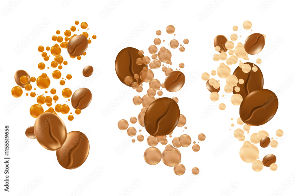 Elegant 3D floating coffee beans with fluid milk or cream bubbles ...