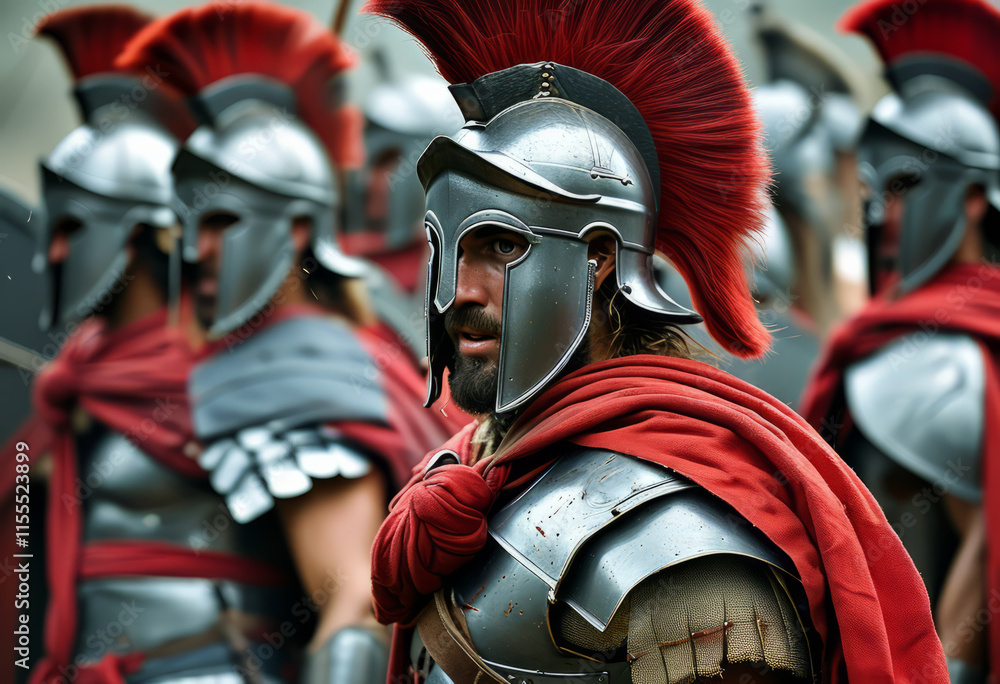 Trojan warriors in detailed armor with red crests and cloaks, standing in formation during the ...