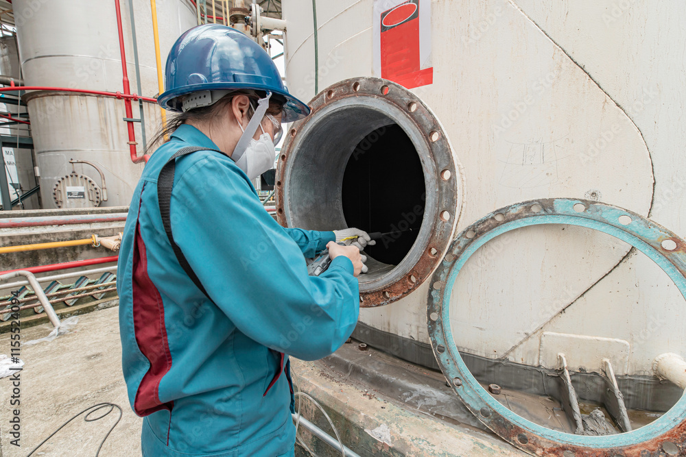 Worker female hand holding gas detector inspection safety gas testing ...