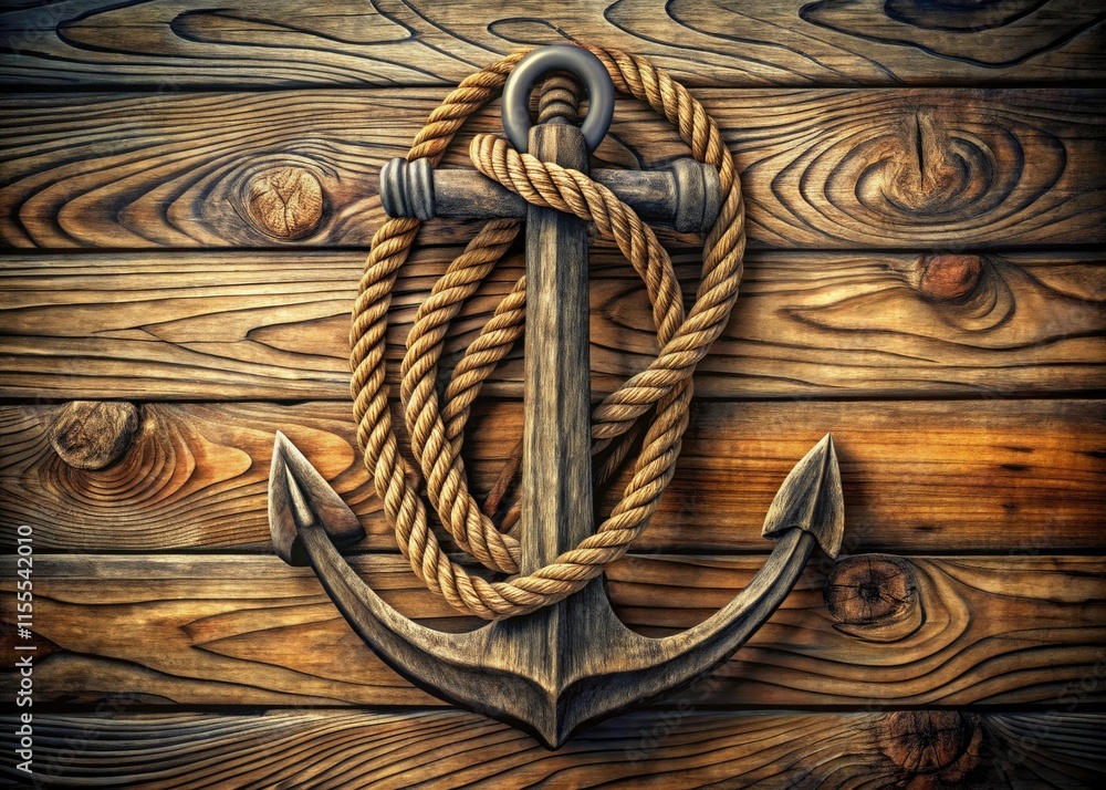 Vintage Nautical Anchor Tattoo, Retro Ship Anchor Woodcut, Rope Wrapped ...