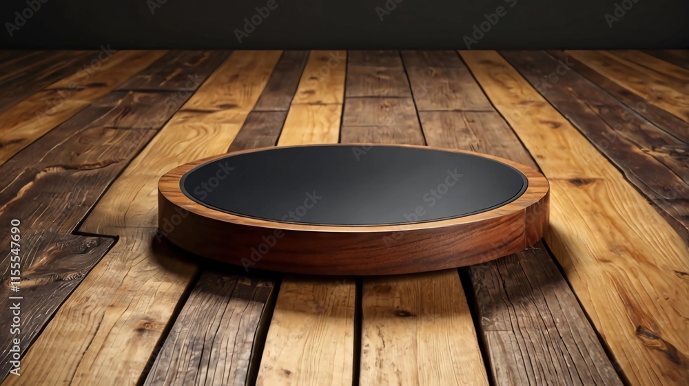 Wooden floor podium stage. Round wood platform, board display for ...