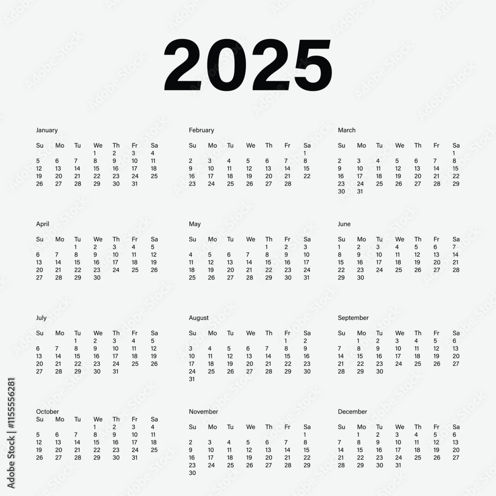 Classic minimal calendar template 2025 year. Calendar design for Days ...